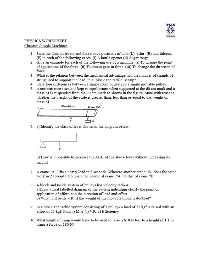 Simple Machines Physics Worksheet | PDF