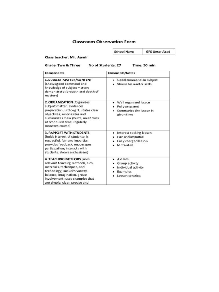 Classroom Observation Form | PDF