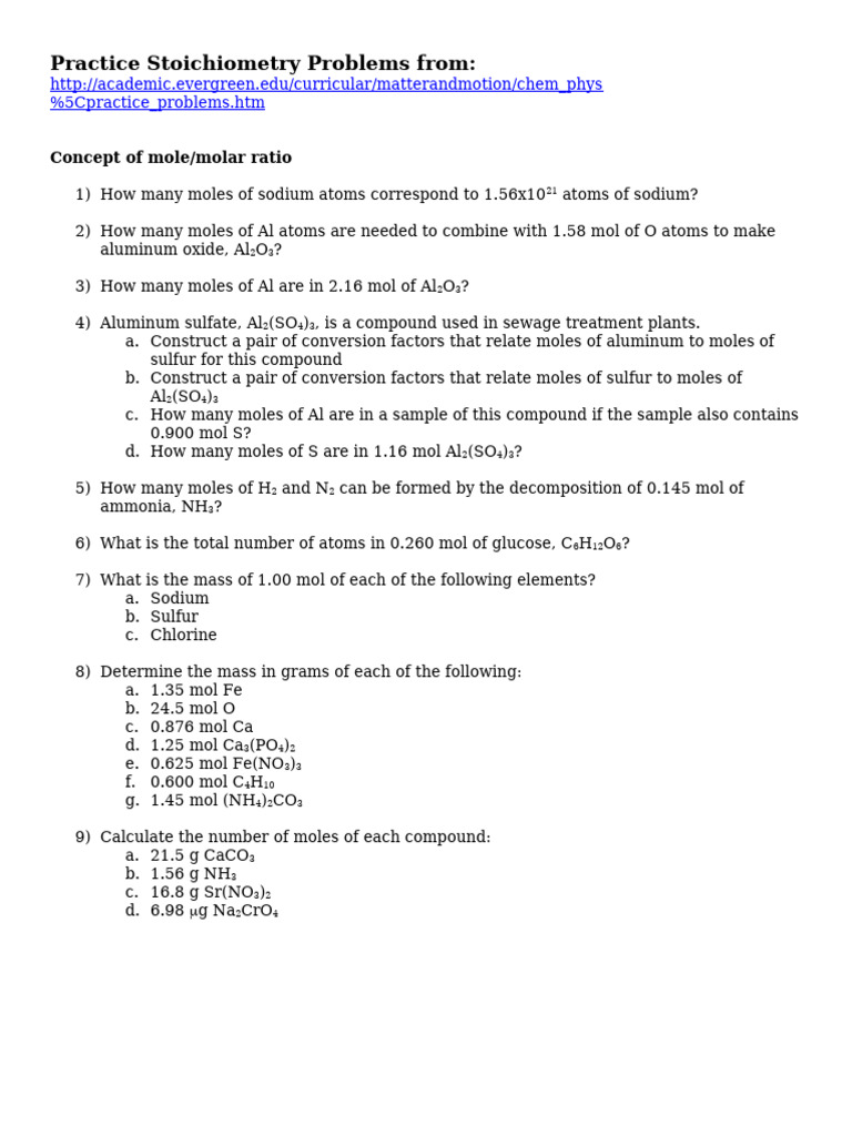 Practice Stoichiometry Problems | PDF | Mole (Unit) | Nitric Acid