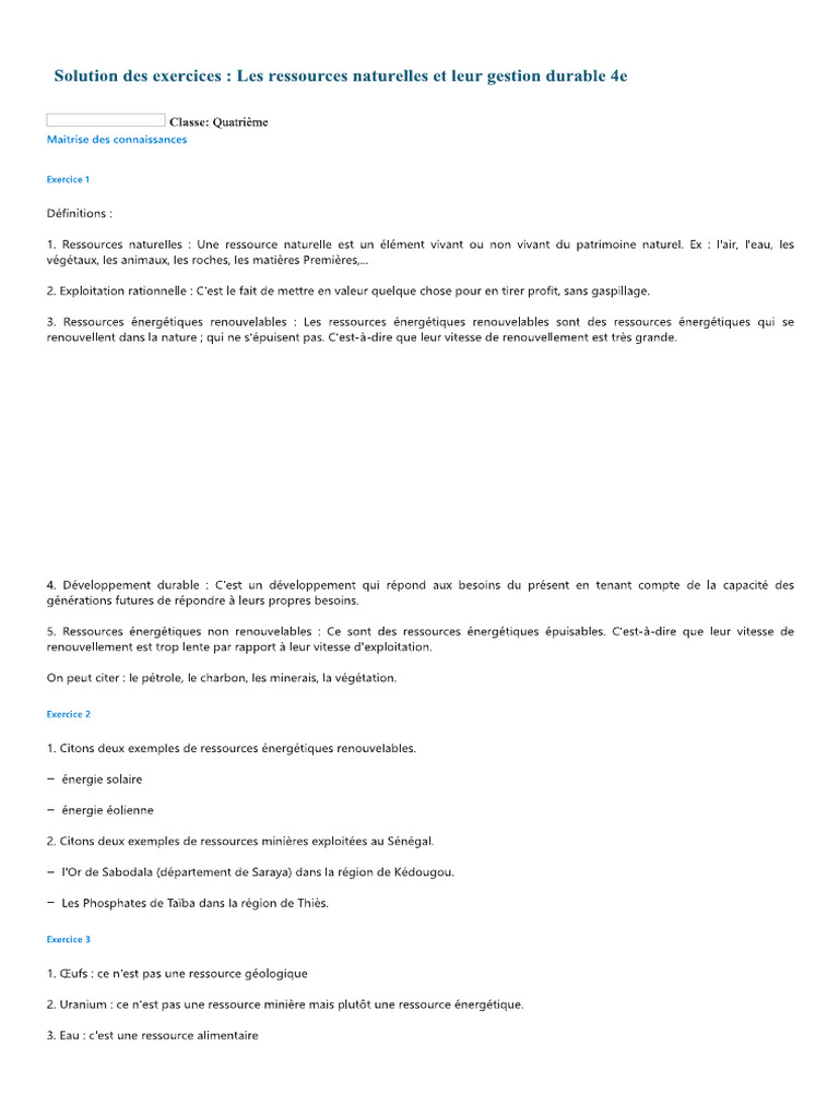 1 Solution Les Ressources Naturelles Et Et Leur Gestion Durable | PDF