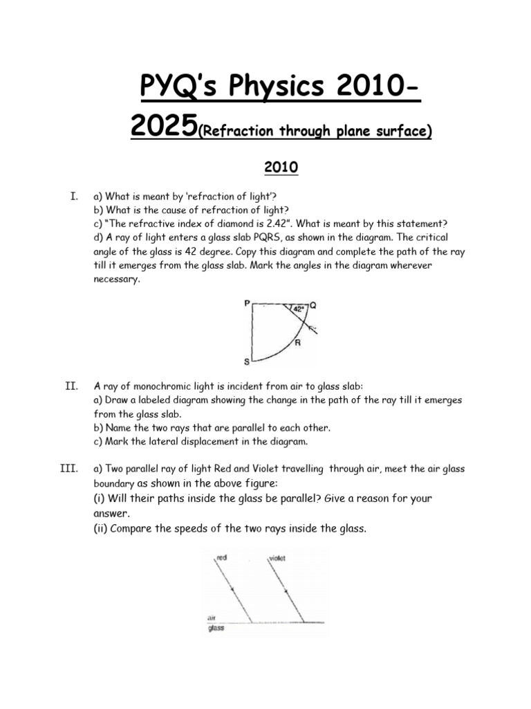 Physics Refraction Questions 2010-2021 | PDF | Refraction | Refractive ...