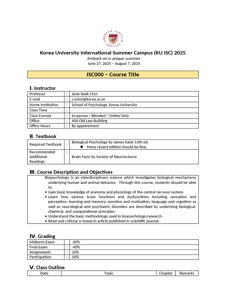 KU ISC 2025: Biopsychology Course Details | PDF | Behavioral ...