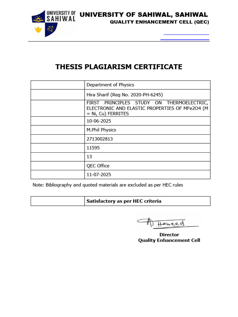 Thesis Plagiarism Certificate: M.Phil Physics | PDF