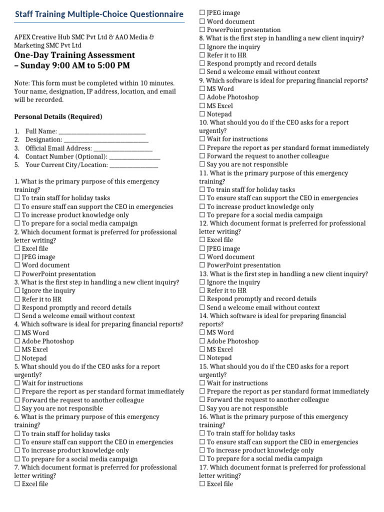 Staff Training MCQ Form With Options | PDF | Microsoft Excel ...