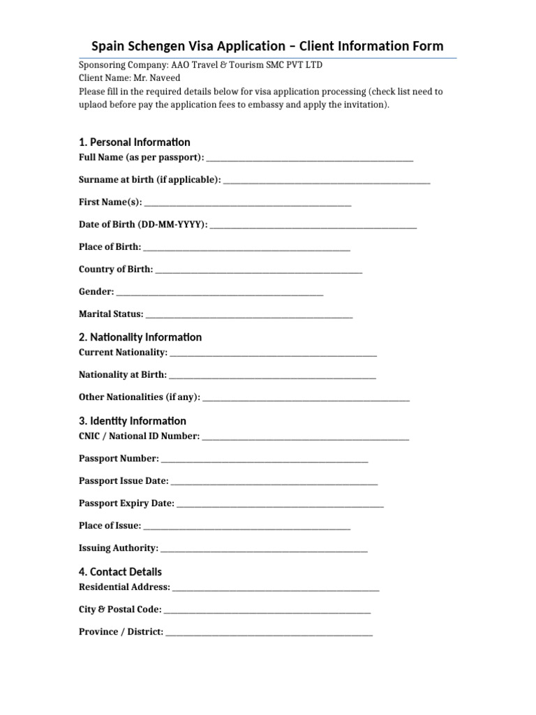 Spain Visa Client Form MR Naveed UPDATED | PDF | Travel Visa | Passport