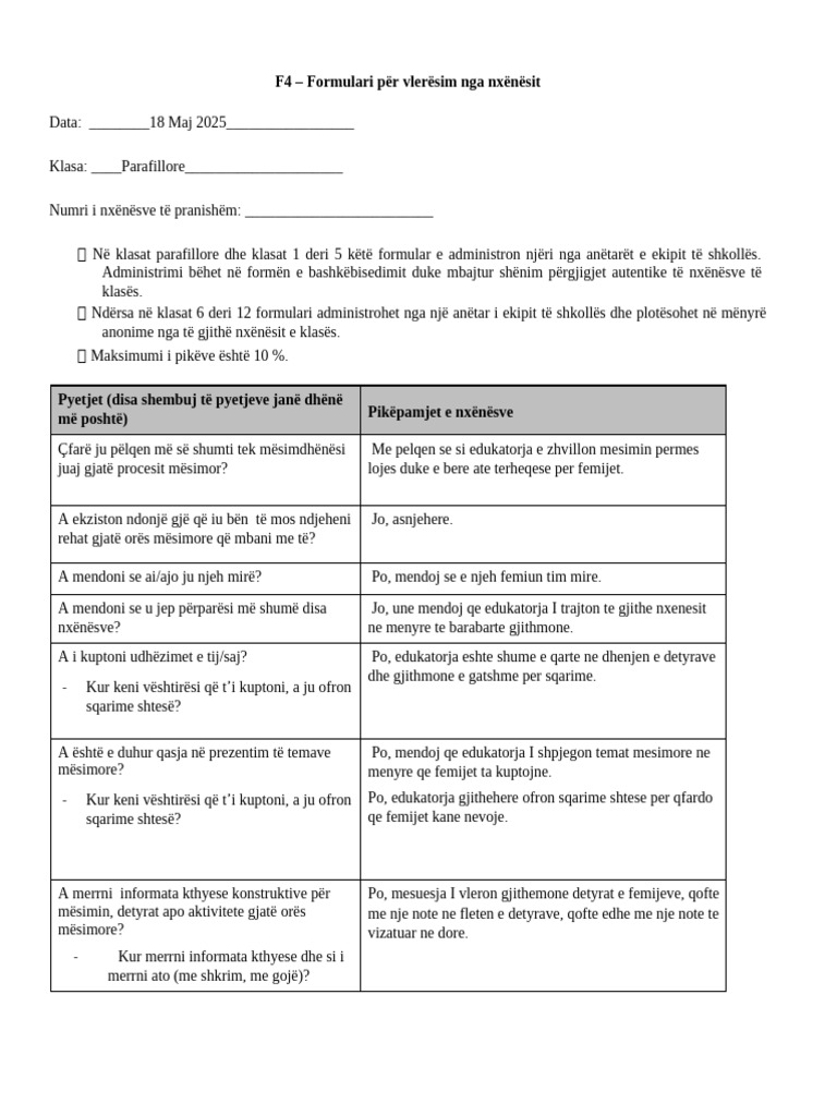 Formulari Për Vlerësim Nga Noli | PDF