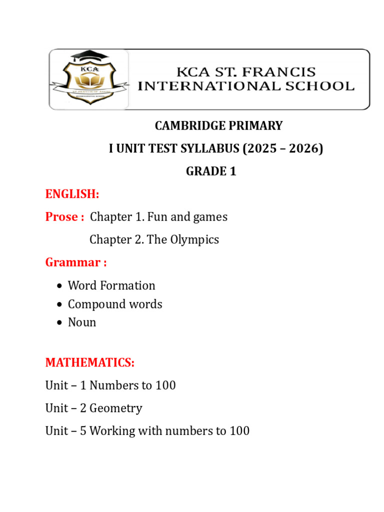 Grade 1 - 1 Unit Test Syllabus (2025-26) | PDF