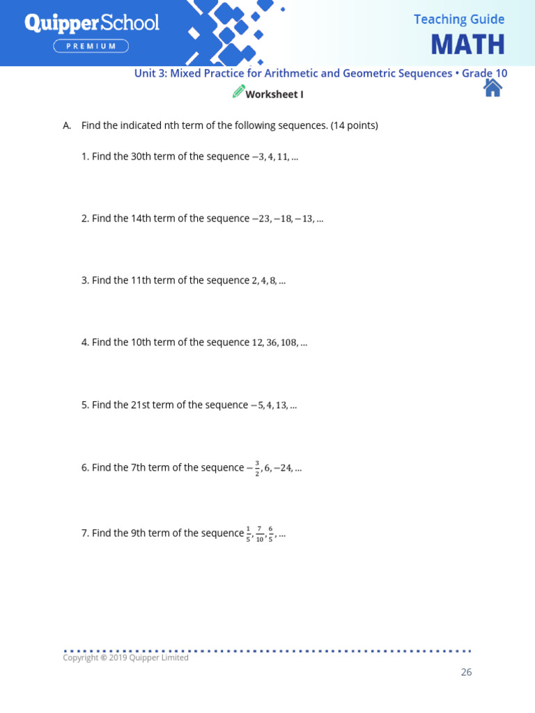 Unit 3: Mixed Practice For Arithmetic and Geometric Sequences - Grade ...
