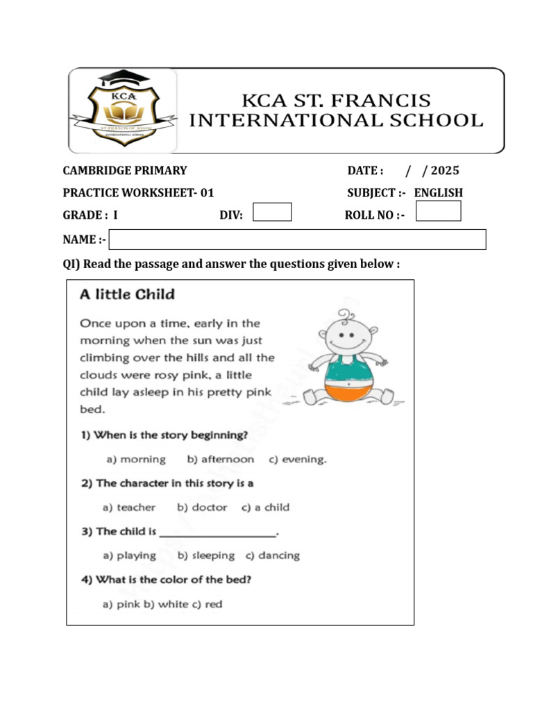 Grade 1 - English Practice Worksheet 1 (25-26) | PDF
