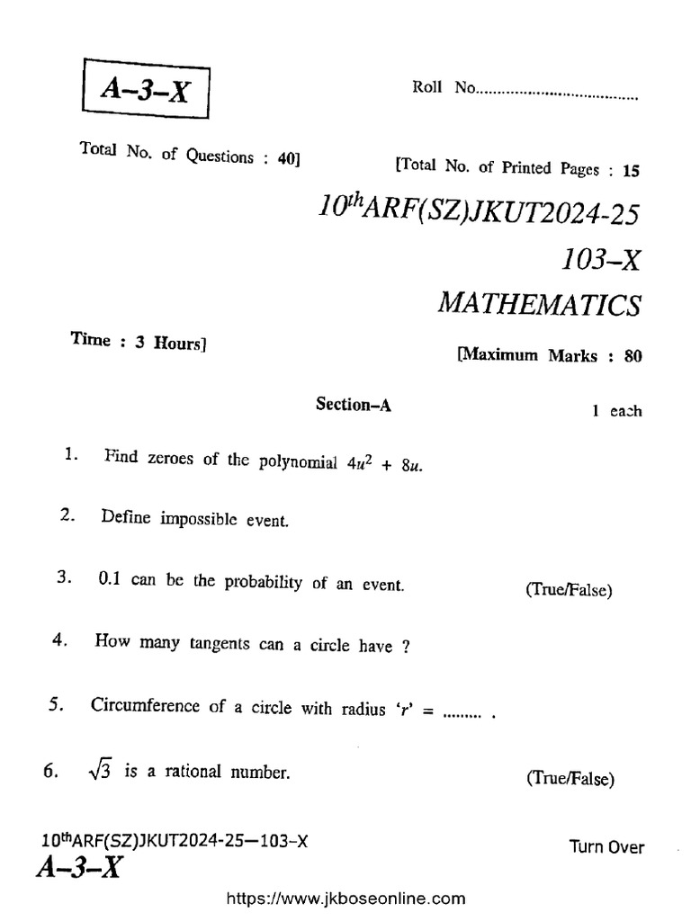 JK Bose Class 10 Math 2015 To 2025 PYQ | PDF | Circle | Area