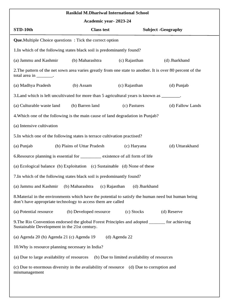 Geography Class Test for 10th Grade | PDF | Agriculture | Minerals