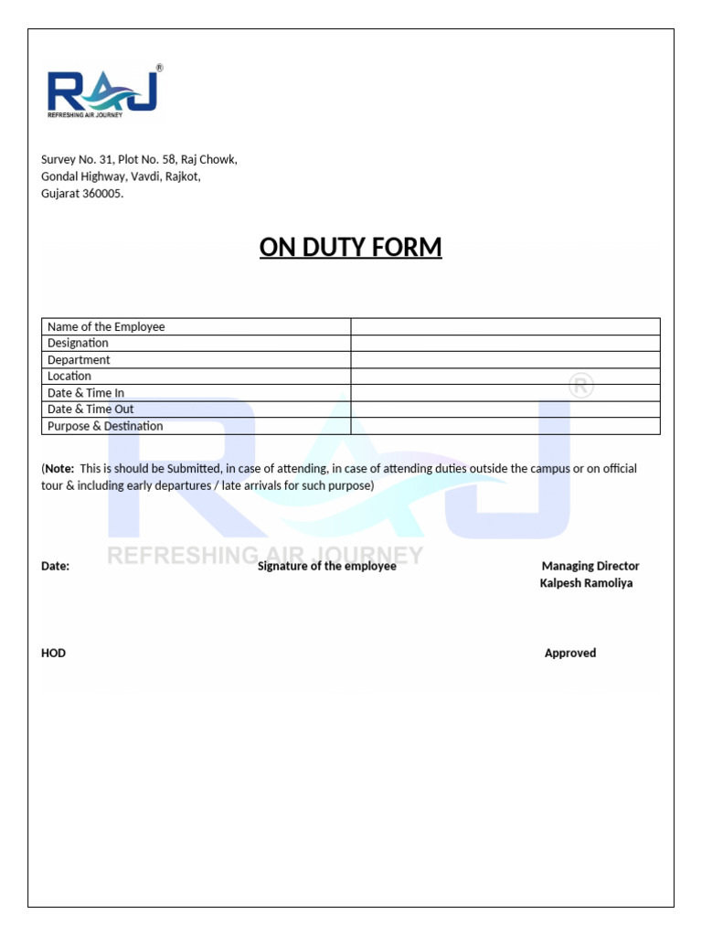 On Duty Form Template for Employees | PDF
