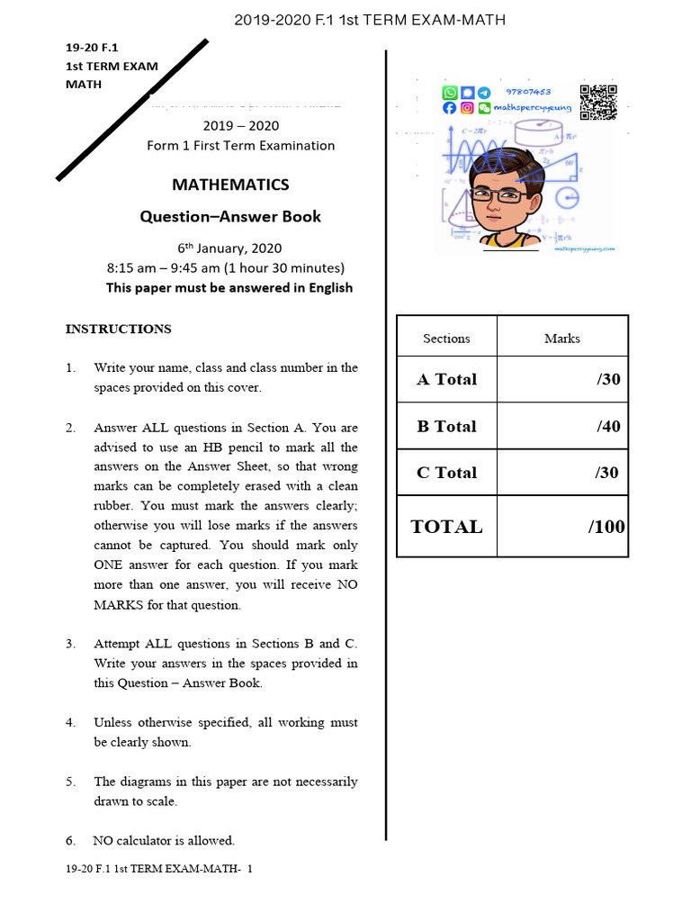 F.1 1st Term Math Exam 2019-2020 | PDF | Polynomial | Numbers