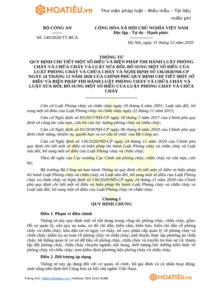 Thong Tu 149 2020 Tt Bca Huong Dan Luat Phong Chay Va Chua Chay | PDF