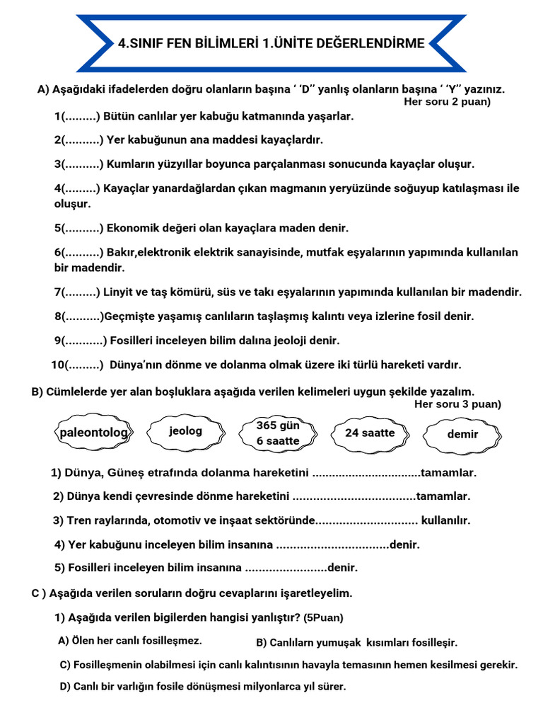 4 Sinif Fen Bilimleri 1 Unite Degerlendirme Bb4c71f36f | PDF