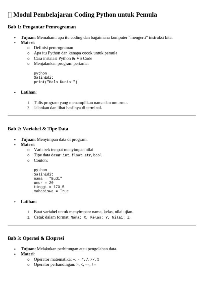 ? Modul Pembelajaran Coding Python Untuk Pemula | PDF