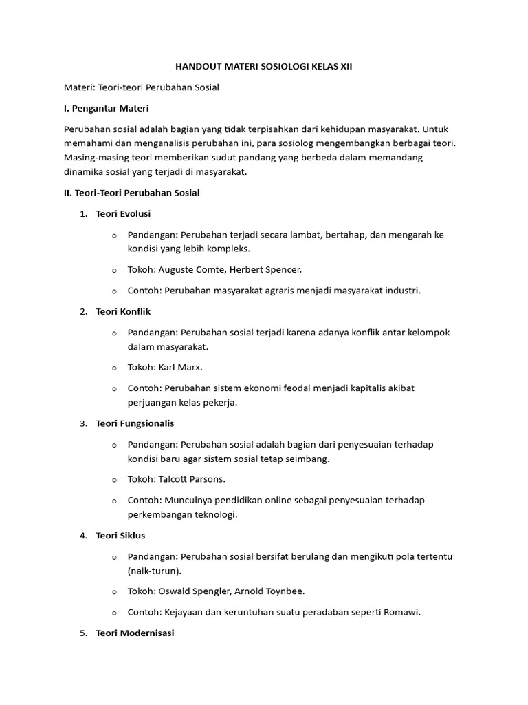 Handout Materi Sosiologi Kelas Xii - Teori Perubahan Sosial | PDF