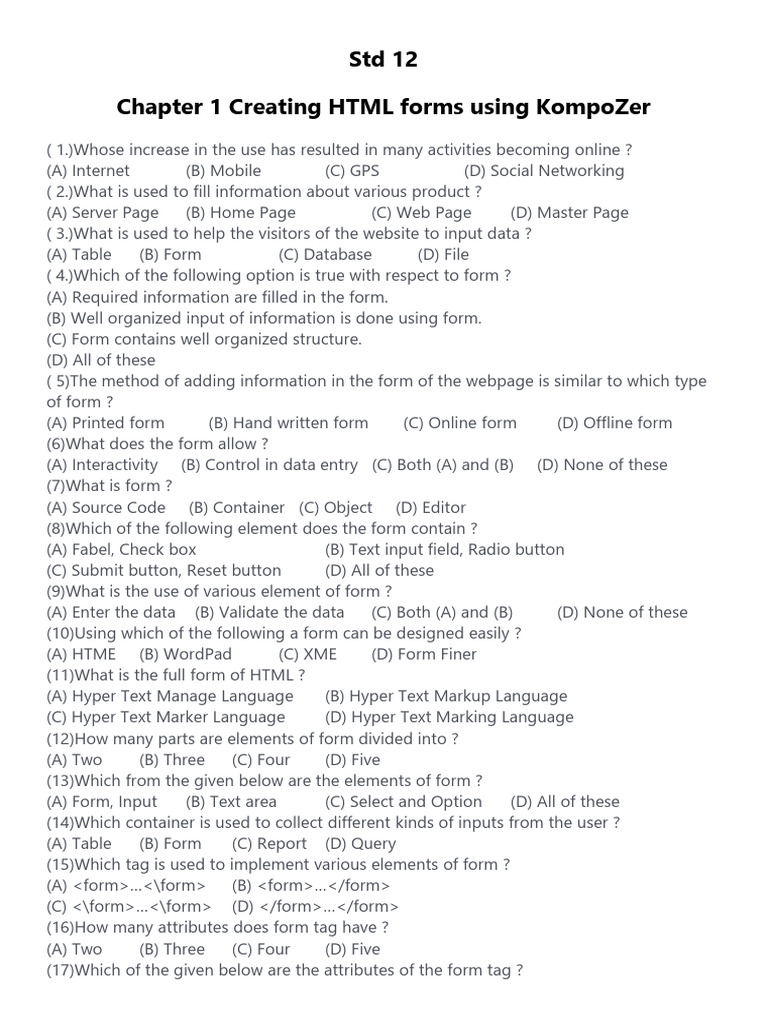 STD 12 Computer Ch-1 Creating HTML Forms Using KompoZer | PDF | Button (Computing) | Html