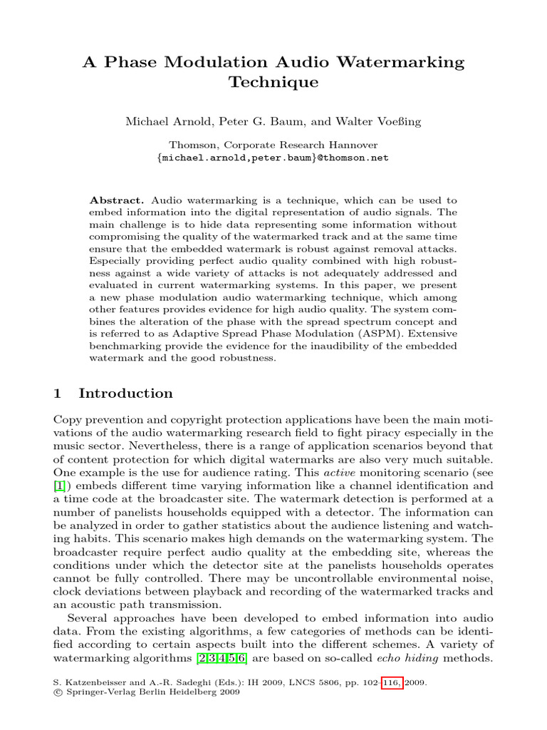 A Phase Modulation Audio Watermarking Technique | PDF | Discrete Fourier Transform | Data ...
