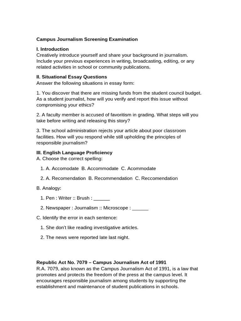 Campus Journalism Screening Exam Guide | PDF