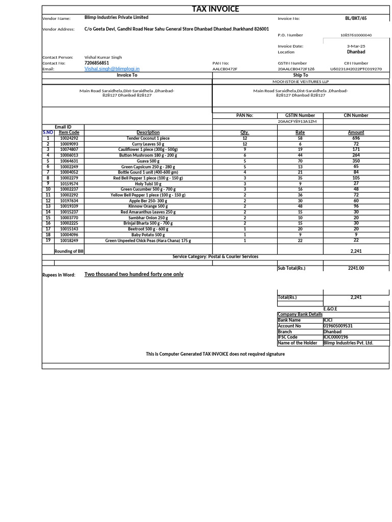 Blinkit Invoice 3 March Dhanbad 25 0040 | PDF | Vegetables | Fruit Vegetables