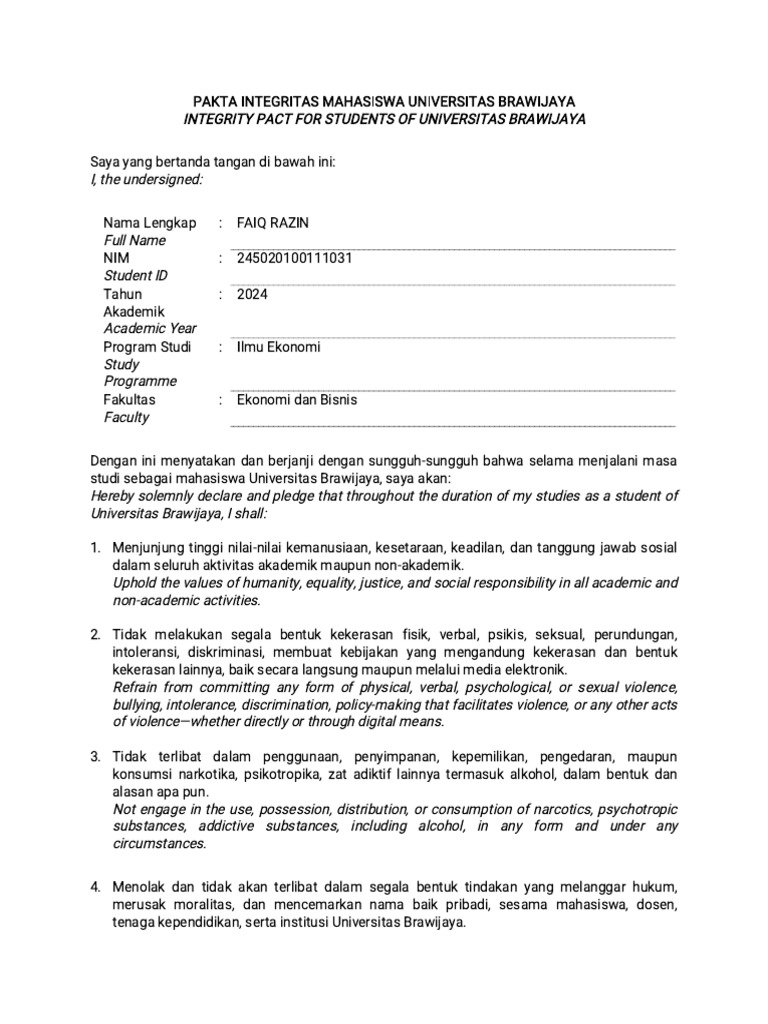 Pakta Integritas Mahasiswa SIAM | PDF