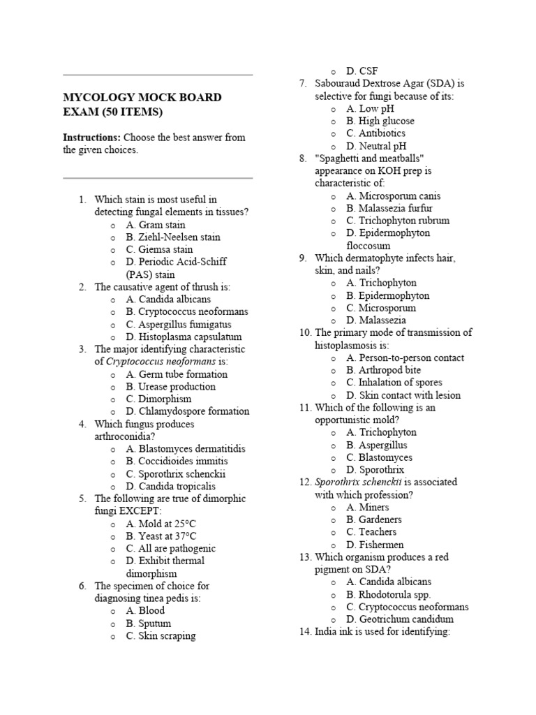 Mycology Mock Board Exam Review | PDF | Candida (Fungus) | Fungus