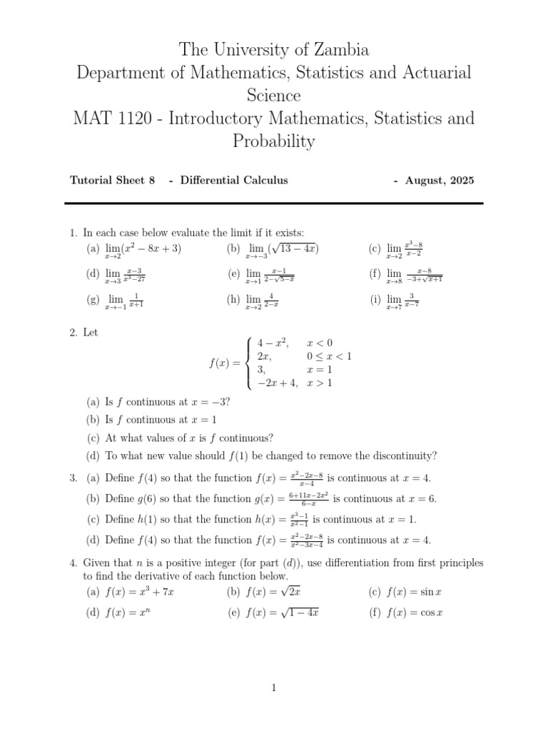 MAT 1120 Tutorial Sheet 8 - 2025 | PDF | Function (Mathematics) | Trigonometric Functions