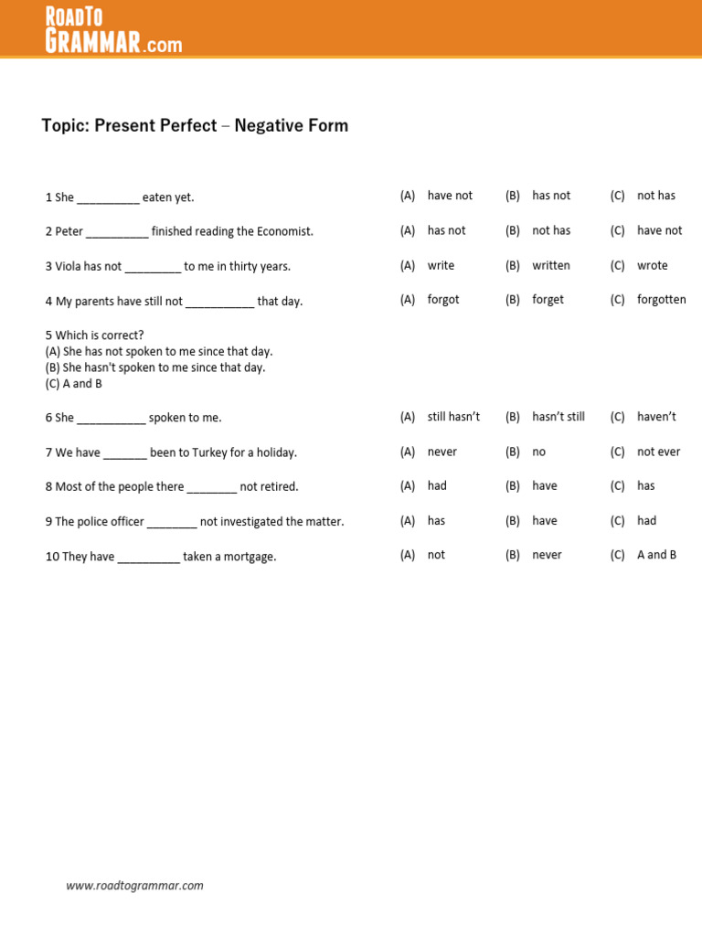 Present Perfect Negative Form Quiz | PDF