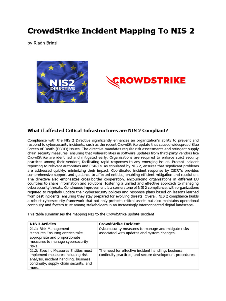 CrowdStrike Incident Mapping To NIS 2 1722243633 | PDF | Computer Security | Security
