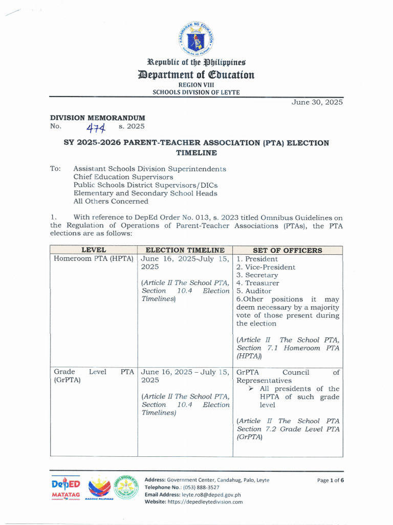 DM No. 474, s.2025 SY 2025-2026 Parent - Teacher Association (PTA ...