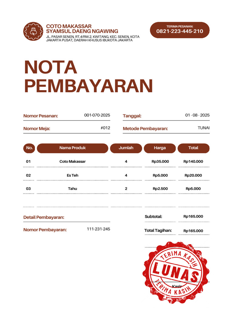 Faktur Nota Pembayaran Toko Roti Modern Cokelat Dan Putih | PDF