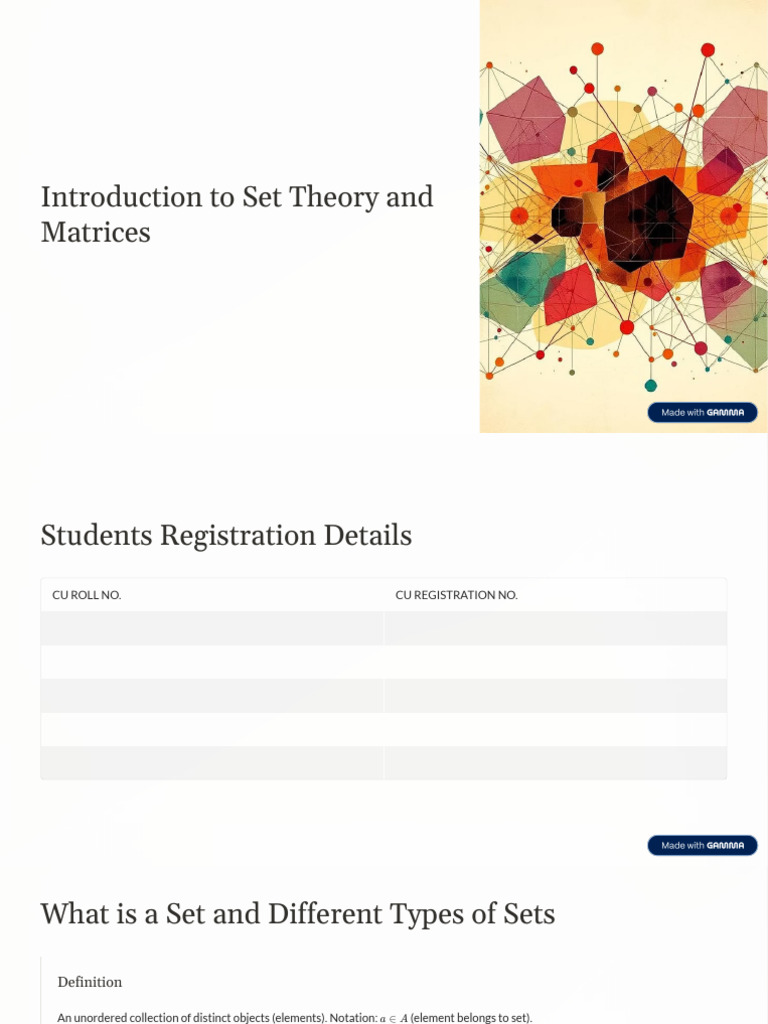 Introduction To Set Theory and Matrices | PDF | Set (Mathematics) | Mathematical Concepts