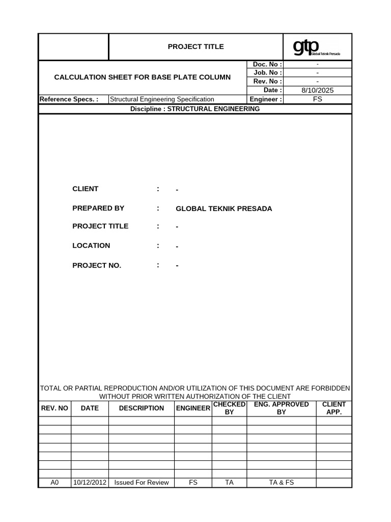 Steel Column Base Plate Calculation Sheet | PDF | Bending | Structural ...