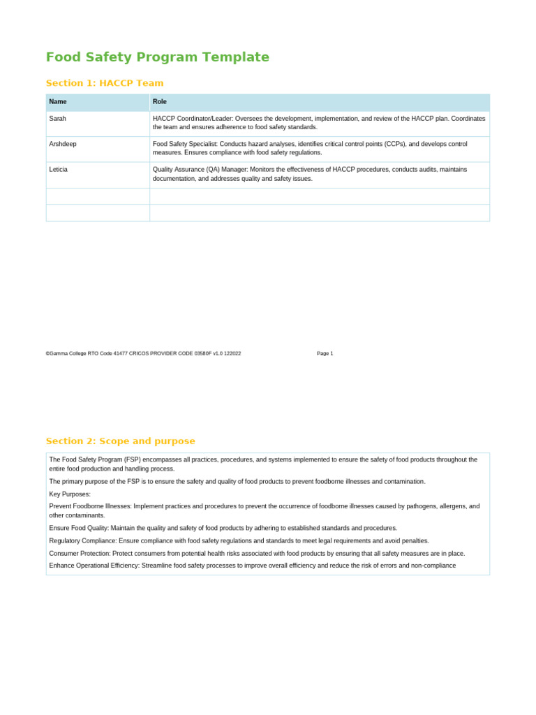 SITXFSA008 Food Safety Program Template.v1.0 2 | PDF | Food Safety ...
