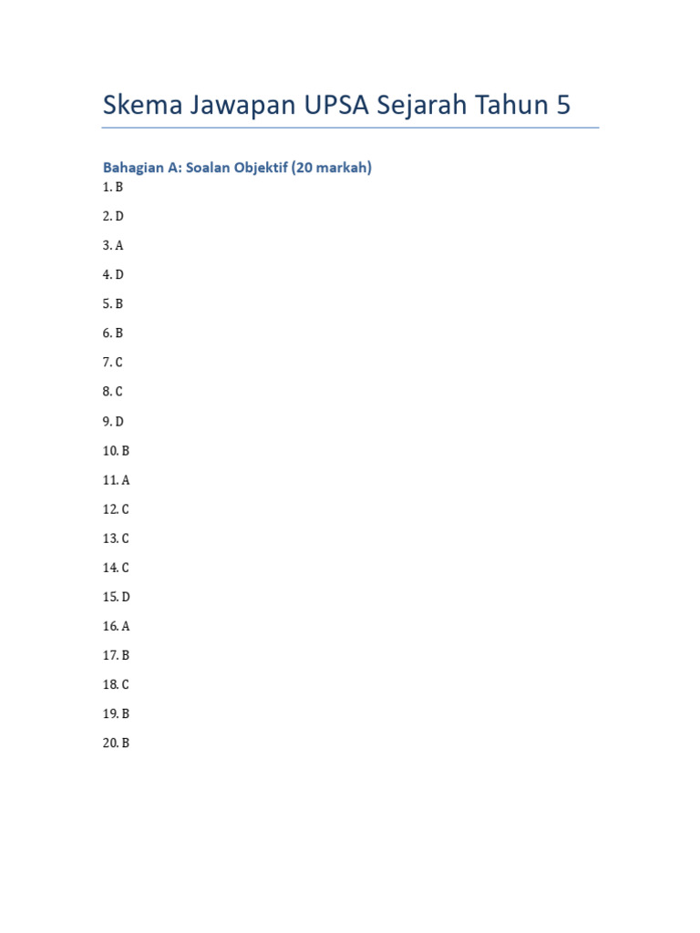 Skema Jawapan UPSA Sejarah Tahun 5 | PDF