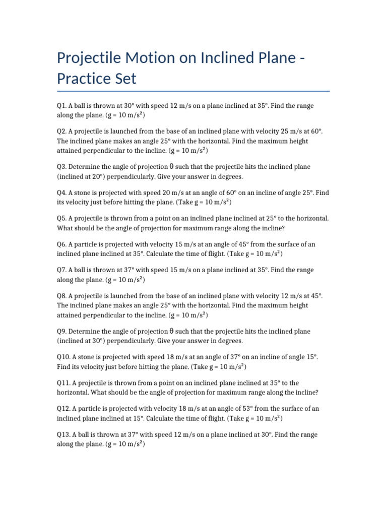 Projectile Motion Practice Set | PDF | Projectiles | Angle