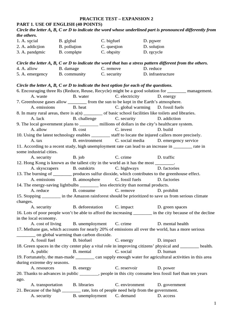 English Practice Test: Use of Language | PDF | Cost Of Living | Climate ...