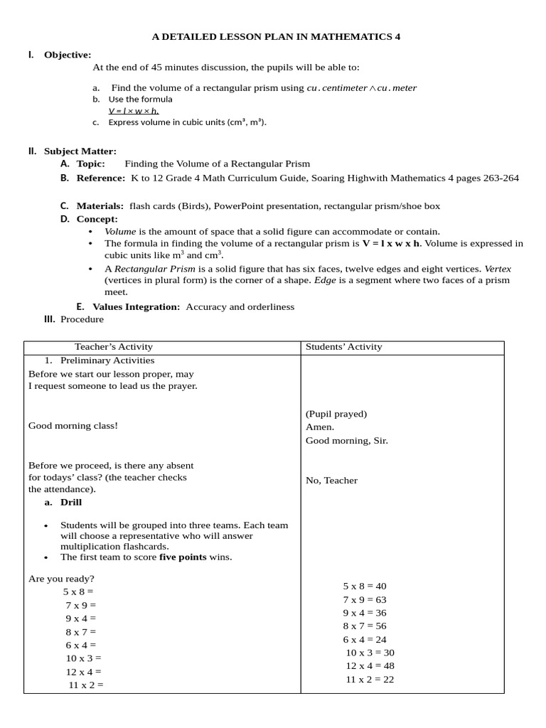A Detailed Lesson Plan in Mathematics 4 | PDF | Volume | Length