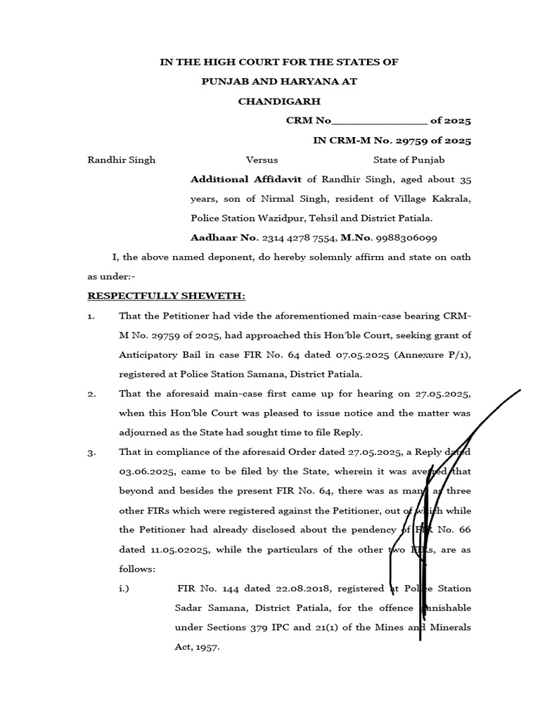 Additional Affidavit of Randhir Singh | PDF | Affidavit | Bail