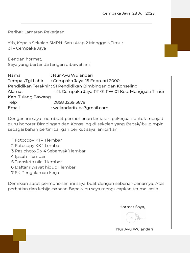 Surat Lamaran Kerja Wulan. | PDF