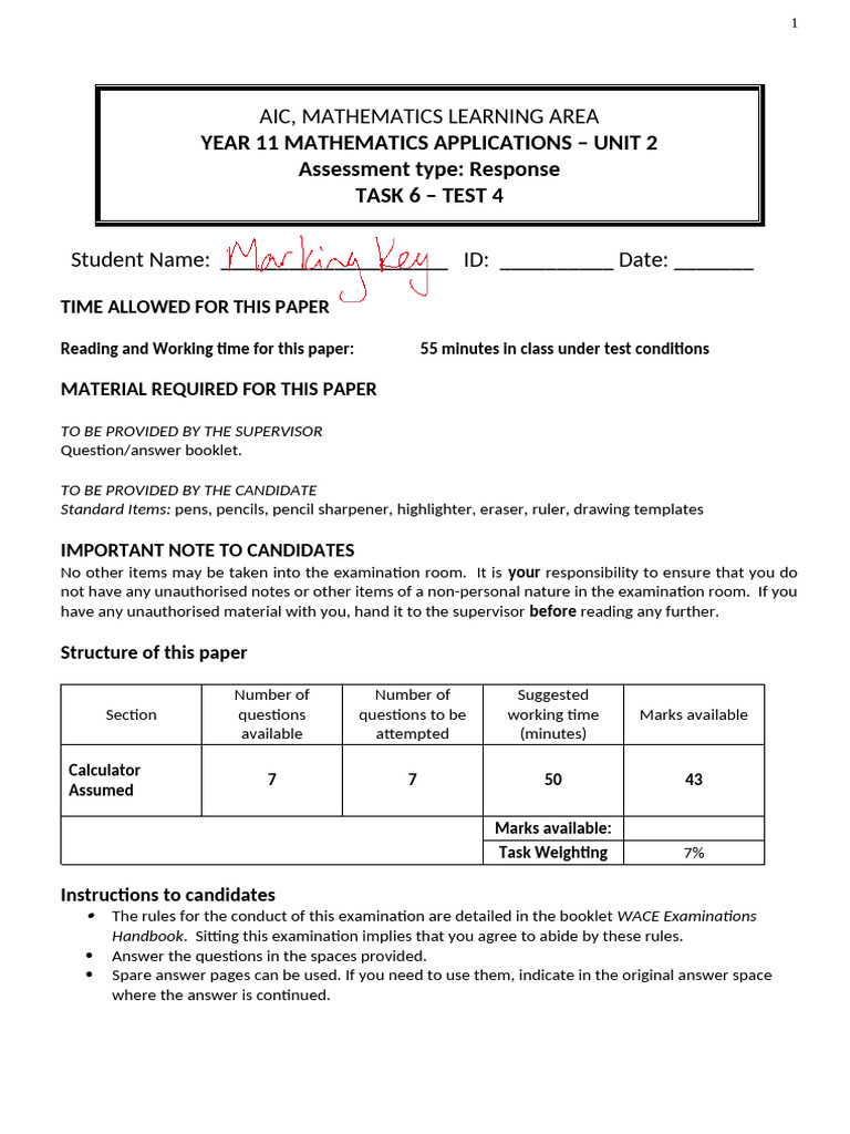 Year 11 Mathematics Applications Test 4 | PDF | Descriptive Statistics ...