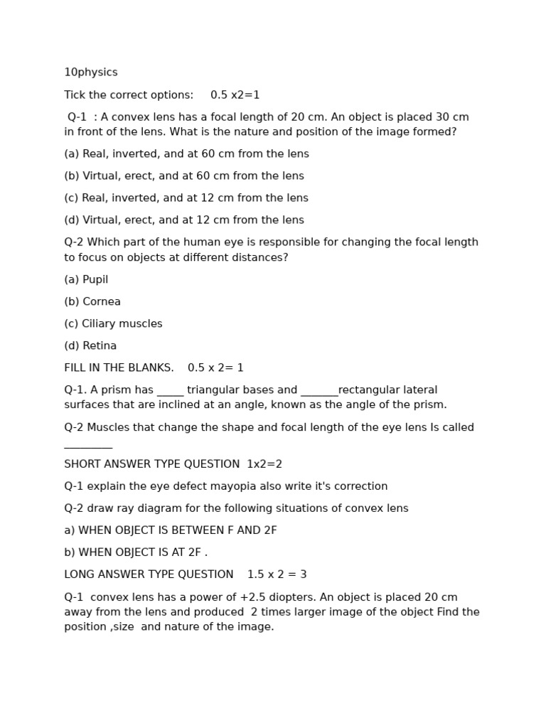 Physics Questions on Lenses and Eye Structure | PDF