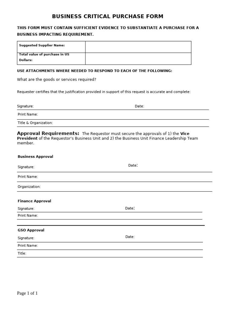 Business Critical Purchase - Form TEMPLATE | PDF