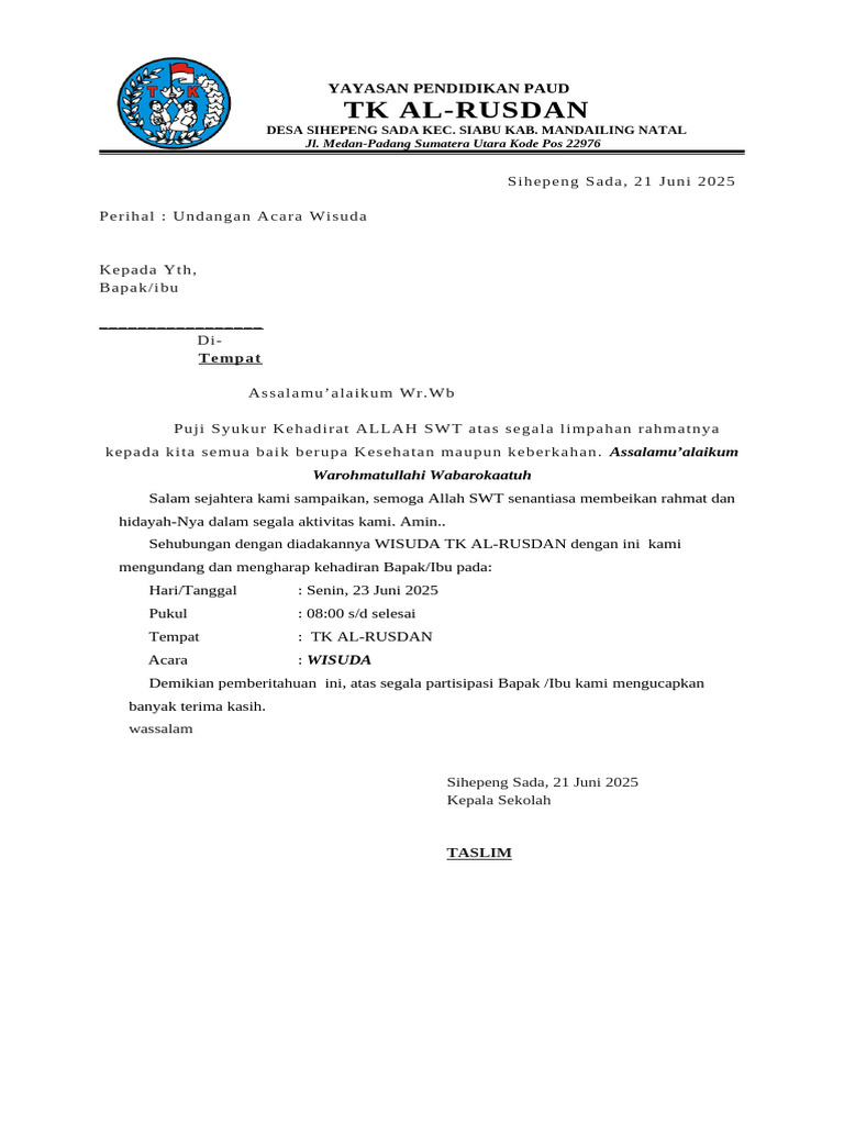 Undangan Wisuda TK Al-Rusdan 2025 | PDF