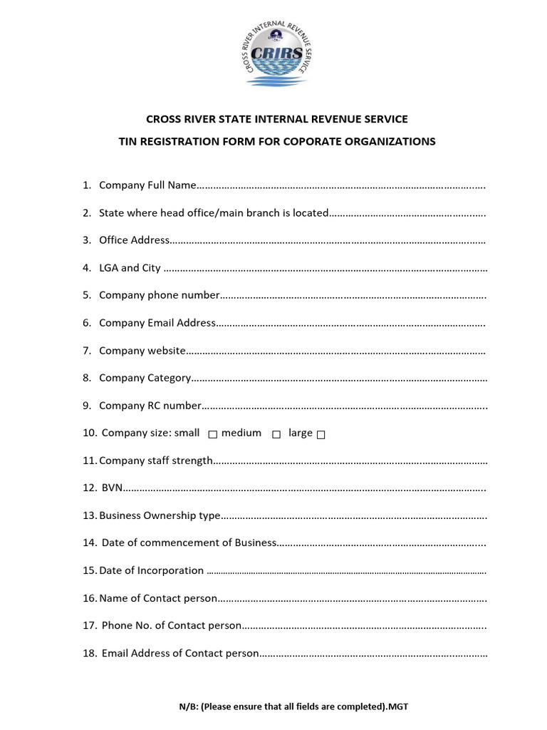 Tin Registration Form-Corporate Organizations | PDF