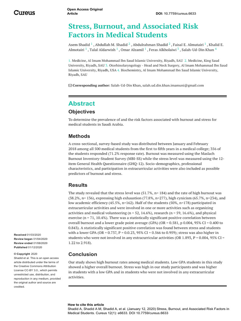 Stress and Burnout in Medical Students | PDF | Occupational Burnout | P ...