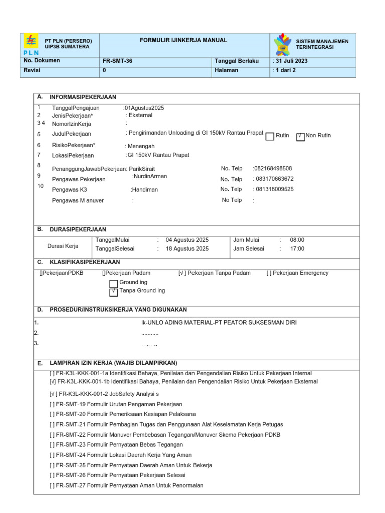 Fr-smt-36 Formulir Ijin Kerja Manual Gi 150kv Rantau Prapat | PDF