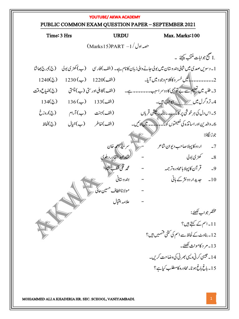 10th Urdu Public Exam Model Question Paper 2021 PDF Download | PDF