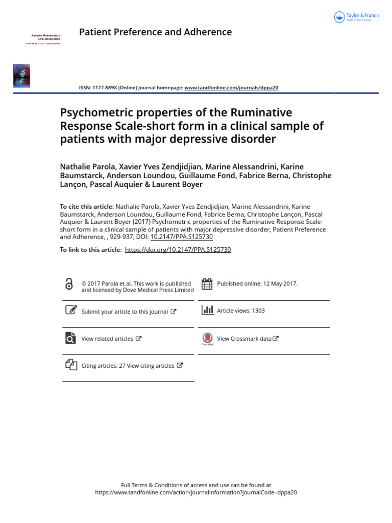 Psychometric Properties of the Ruminative Response Scale-short Form in a Clinical Sample of ...